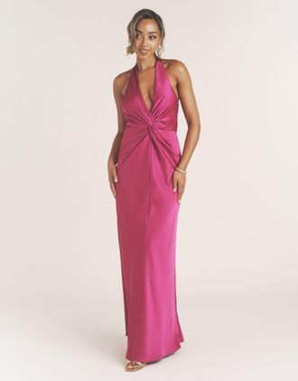 Six Stories Asymmetrisches Satin-Maxikleid in Himbeerrot mit tiefem Ausschnitt und Knotendetail-Rosa