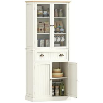 HOMCOM Buffet Meuble Cuisine Rangement Armoire de Cuisine 4 Portes Dont 2 Portes vitrées et 1 tiroir Hauteur 182,5 cm avec étagères réglables - Beige