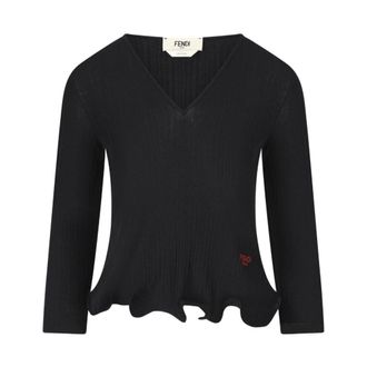 Fendi Schwarzer V-Ausschnitt Pullover mit gewelltem Saum - - Knitwear - Damen - Schwarzk - L