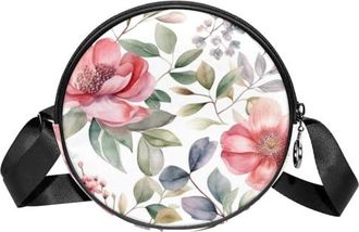 Generic Sac &agrave; bandouli&egrave;re rond pour femme, motif fleurs roses, feuilles, petit sac &agrave; bandouli&egrave;re avec fermeture &eacute;clair, bretelles r&eacute;glables, sac &agrave; main rond d
