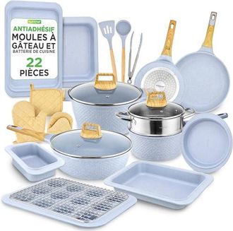 Nutrichef NutriChef Set 22 Pi&egrave;ces Cuisine et P&acirc;tisserie - Marbre Gris Lunaire Antiadh&eacute;sif, Ustensiles et Po&ecirc;les R&eacute;sistants &agrave; la Chaleur, Collection Pro