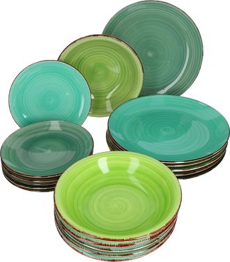 MamboCat Green 18-TLG. Teller-Set grün I Robustes grünes Steingut-Geschirr für 6 Personen I je 6 Flache Speiseteller - Tiefe Suppenteller - kleine Kuchenteller
