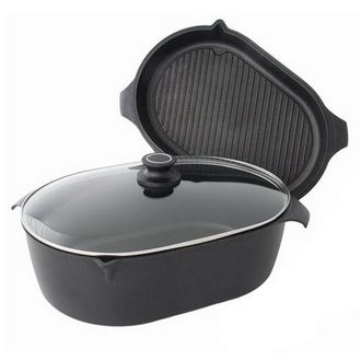 AMT Gastroguss 3er-Set Br&auml;ter, bestehend aus Br&auml;ter, Gu&szlig;br&auml;terdeckel mit Grillboden & Glasdeckel, 42 x 28 cm, induktionsgeeignet, Lotan Antihaft-Veredelung, Gusspfan