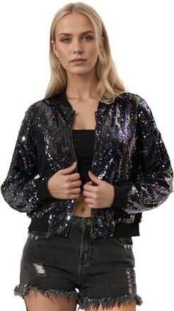 Allegra K Femmes Veste Ajustée à Manches Longues à Glissière et Paillettes de Noël Arc-en-ciel noir M