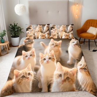 Generic Bettw&auml;sche 155x220 cm Katze 3 Teilig Bettbezug 155 x 220 Niedliche Haustiere Bettw&auml;sche-Sets 3D Weiche Mikrofaser Bettbezug Set mit Rei&szlig;verschluss + 2