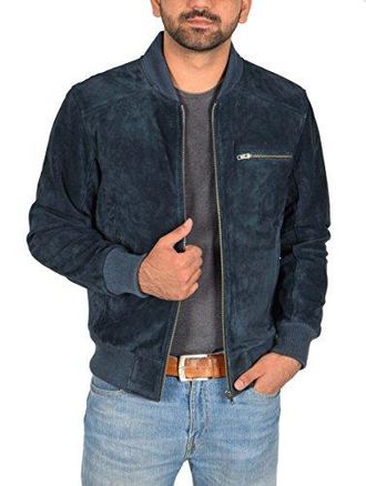 House Of Leather Hommes Classique Fit Baseball V&eacute;ritable Cuir de Su&egrave;de Doux Bomber Veste Reg Bleu (M)