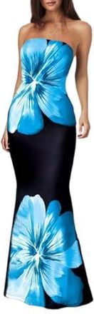 Generic 2026 Robe amincissante &agrave; imprim&eacute; floral sans bretelles, robe longue moulante pour femme, robe de soir&eacute;e &eacute;l&eacute;gante et ajust&eacute;e, bleu, XL