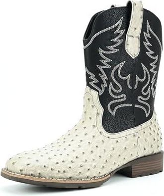 Generic Bottes De Cowboy pour Hommes Bottes Western À Bout Carré Durables Rétro Classiques Imprimé Crocodile À Enfiler Antidérapantes,White and Black,42.5 EU