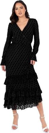 Lovedrobe Womens Midaxi Dress Ladies V-Neckline Long Sleeve Tiered Ruffle Frill Hem Flocked A-Line Evening Occasion, Noir 36
