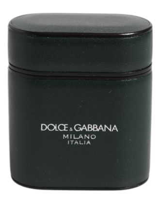 Dolce & Gabbana Mens Green Calfskin Leather Logo Print Flip Holder Airpods Case Black Calf Accessory