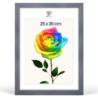 MG Design Bilderrahmen 25 x 35 cm - Fotorahmen mit Grau Holzrahmen (Echtholz) und bruchsicherem Acrylglas, Hoch & Quer zum Aufh&auml;ngen, zum Aufstellen