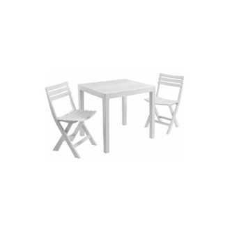 Progarden Ensemble de table et 2 chaises qui peuvent &ecirc;tre ferm&eacute;es en r&eacute;sine blanche avec effet &agrave; lattes &agrave; lattes