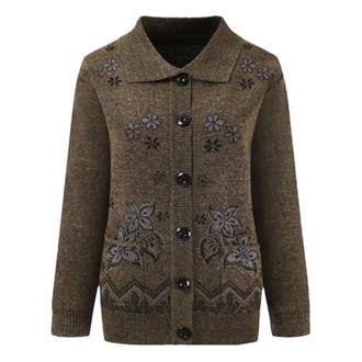 Generic Femmes dâge moyen Vêtements Manteau Simple Boutonnage Manches Longues Pull Tricot Cardigan Veste, Marron et gris., 3XL