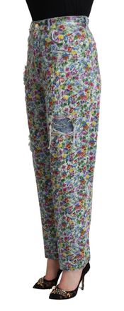 Dolce & Gabbana Womens Blue Floral Print High Waist Denim Tapered Jeans Cotton Elastane Clothing