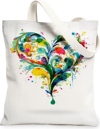 Generic Sacs fourre-tout en toile &agrave; motif floral artistique, motif coeur color&eacute;, sacs d&eacute;picerie, sacs d&eacute;picerie r&eacute;utilisables, vintage l&eacute;gers et lavables avec