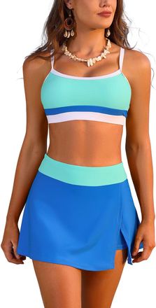 SHEKINI Damen Sportive Bikini Set High Waisted Zweiteilige Badeanz&uuml;ge mit Rock Bottom (X-Large,Himmelblau+Gr&uuml;n)