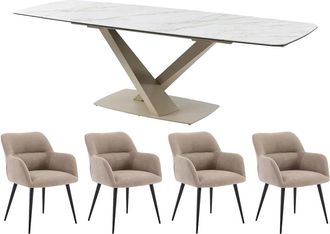 Vente-Unique Set Tisch MALATA + 4 St&uuml;hle HEKA - Marmor-Optik - Wei&szlig; & Beige