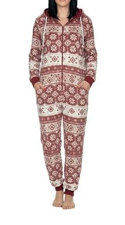 Normann Pyjama pour femme, combinaison, aspect norv&eacute;gien, en polaire corail chaude et douillette, rouge, 46-48