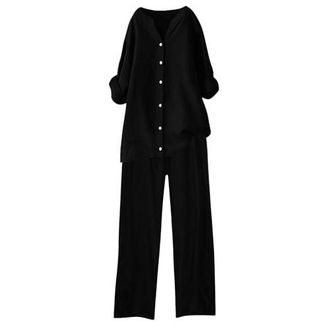 Generic Surv&ecirc;tement deux pi&egrave;ces pour femme en lin d&eacute;contract&eacute; &agrave; col rond et manches 3/4, pantalon &agrave; jambe large avec poches, v&ecirc;tement de d&eacute;tente pour femme, p