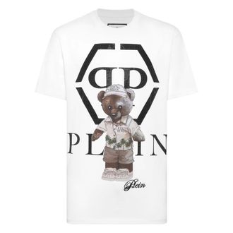 Philipp Plein Homme, Tops, Blanc, Taille: M T-Shirt Round Neck Ls Teddy