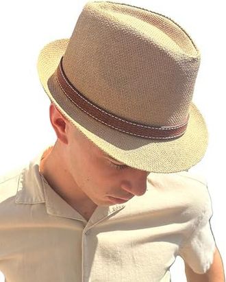 Migura Panama Pamela Chapeau dété en paille pour homme avec visière enroulable avec sangle réglable Marron Blanc, marron, taille unique
