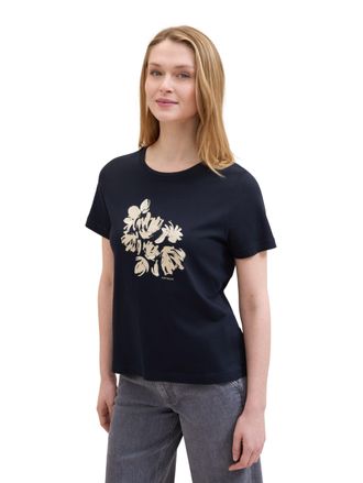 Tom Tailor Damen Basic T-Shirt mit Print, Sailor Blue, M