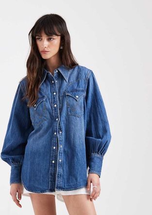 Wrangler Chemise en jean boutonn&eacute;e style western - Bleu moyen d&eacute;lav&eacute;