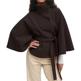 Generic Ponchos à manches chauve-souris pour femmes, manteau tendance, cape en laine mélangée, vêtements dextérieur élégants à col montant avec ceinture, marr