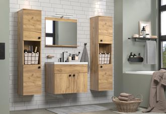 Trendteam Haven - Badm&ouml;bel-Set - Eiche - (BxHxT) 142 x 133 x 40 cm - Waschbeckenschrank h&auml;ngend inklusive Keramik-Einsatzwaschbecken 2 Hochschr&auml;nke 1 Spiegel