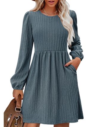 Zeagoo Herbstkleid Damen Langarm A-Linien Kleid Elegant Gestrickt Herbst Winter Kleider Pulloverkleid Knielang Strickkleid Graublau XXL