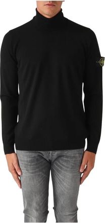 Stone Island Homme, Pulls, Noir, Taille: L Pull &agrave; Col Roul&eacute; avec Bordures C&ocirc;tel&eacute;es