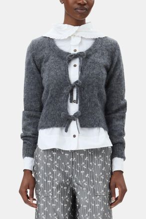 Ganni Cardigan &agrave; cordon nouer en mohair gris clair - Pour Femme