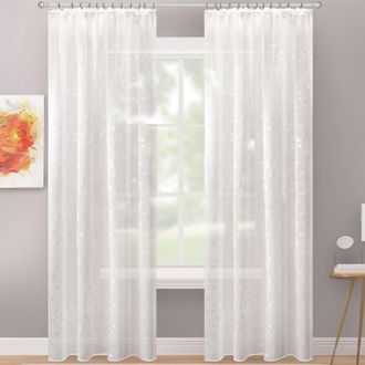 Delindo Lifestyle Gardine mit Kräuselband, 140x245 cm, halbtransparent, dezentes Blattmuster in weiß, 2er Set