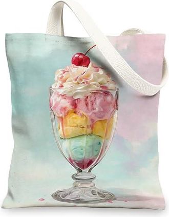 Generic Sacs fourre-tout en toile de crème glacée, joli motif de dessert, sacs à provisions réutilisables, amusants et colorés, légers et lavables avec bandou