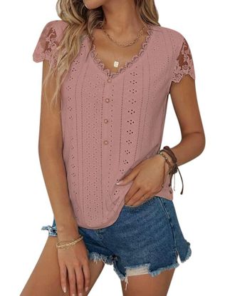 Minetom T-Shirt Damen Spitze Sommer Bluse Casual V-Ausschnitt Kurzarm Tops Spitzentop Oberteile Elegant Hemdbluse Shirts C Rosa XXL
