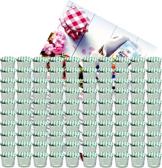 MamboCat 100er Set Sturzglas 230 ml Marmeladenglas Einmachglas Einweckglas to 82 grün Karierter Deckel incl. Diamant-Zucker Gelierzauber Rezeptheft