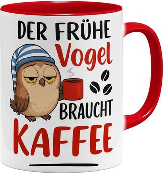 OM3 Lustige Der fr&uuml;he Vogel braucht Kaffee-Tasse mit Spruch - Moorgenmuffel Humor Langschl&auml;fer - Keramik Becher - 325ml - Beidseitig Bedruckt - Rot