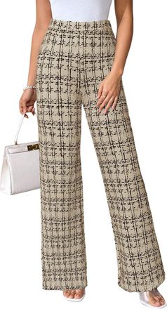 SOLY HUX Damen Hosen Elegant Freizeithose Hohe Taille Anzughose Kariert Casualhose Geradehose Palazzo Pants Herbst Outfit Khaki S