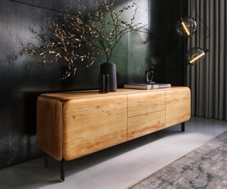 DELIFE Lowboard Shavani 175 cm Akazie Natur 2 T&uuml;ren 2 Schubladen L-Fu&szlig; Metall Schwarz, Lowboards