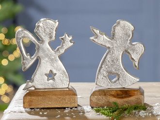 Gilde 1 Stück Weihnachtlicher Engel klassisch in silberfarbend aus Aluminium und auf mangoholz, 12,5x8x5cm