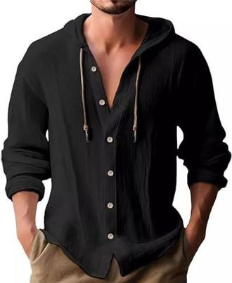 Generic Sweat &agrave; capuche en lin &agrave; manches longues boutonn&eacute;es pour homme | Sweat &agrave; capuche de plage l&eacute;ger pour l&eacute;t&eacute; - pour les voyages, Noir, 3XL