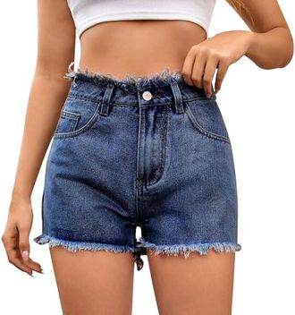 Generic Short en jean déchiré pour femme taille haute avec bordure brute, pantalon court dété décontracté à jambe droite avec poches, ourlet brut déchiré exte