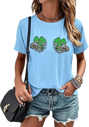 Generic T-shirts pour la Saint-Patrick pour femmes - Tr&egrave;fle squelette - T-shirts d&eacute;contract&eacute;s &agrave; col rond pour l&eacute;t&eacute; - pour les voyages, bleu ciel, S