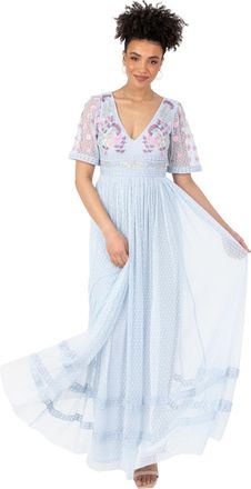 Maya Damen Womens Ladies Maxi Dress Short Puff Sleeve V-Neck Floral Embroidered Tulle Lace Keyhole Back Ruffle Empire A-line Prom Kleid, Baby Blue, 36