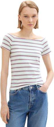 Tom Tailor Damen T-Shirt mit Carmen-Ausschnitt, white multicolor stripe, XXL