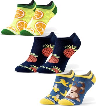Sesto Senso Lustige Sneaker Socken Baumwolle Bunte F&uuml;&szlig;linge Damen Herren 3 Paar Funny Socks Banane Ananas Zitrone orange obst 43-46 3 Fr&uuml;chte