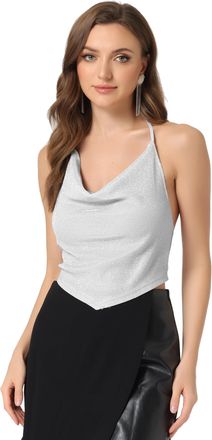 Allegra K Damen Glitzer Top Pailletten Oberteil Sequin Sexy Festival Outfit R&uuml;ckenfreies Party Neckholder Bauchfrei Cami-Tops Silber XL