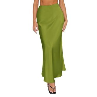 Generic Jupe longue en satin pour femme - Taille haute &eacute;lastique en soie A-Line Couleur unie Style d&eacute;contract&eacute; f&ecirc;te longue, Vert, XS