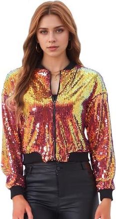 Allegra K Femmes Veste Ajust&eacute;e &agrave; Manches Longues &agrave; Glissi&egrave;re et Paillettes de No&euml;l Or Rose vif L