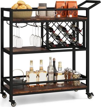 Generic Küchenwagen, Rollwagen, 3-stöckiger Servierwagen, rollender Getränkewagen mit Weinregal, Glashalter, Feststellrädern, Griff für Küche, Esszimmer, Wohn
